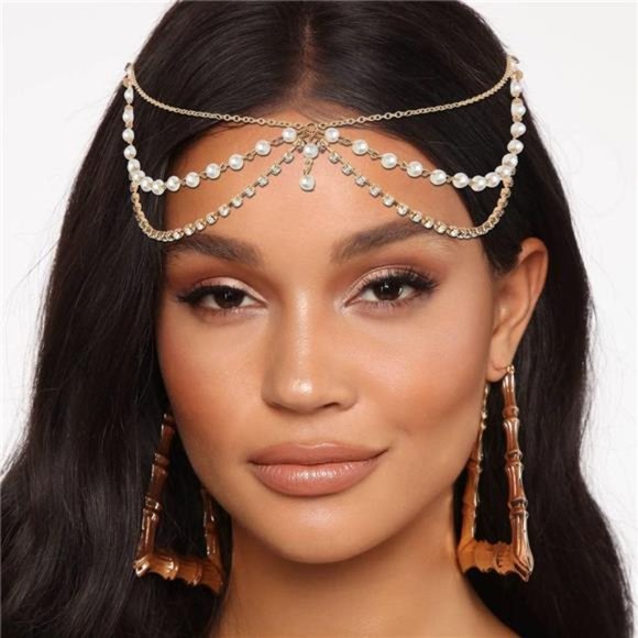 Other | Catery Pearl Head Chain Jewelry Gold Head Chain Bridal Forehead ...